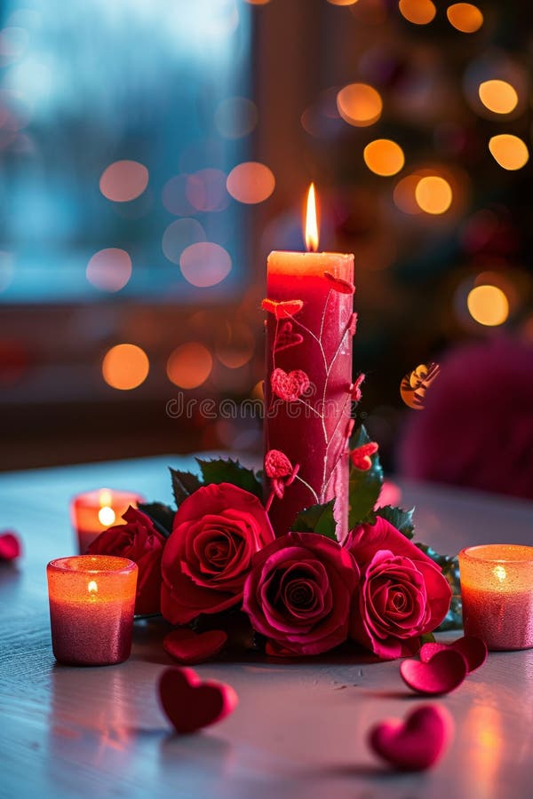 A Romantic Setup Featuring Candles and Roses on a Table, Creating an ...