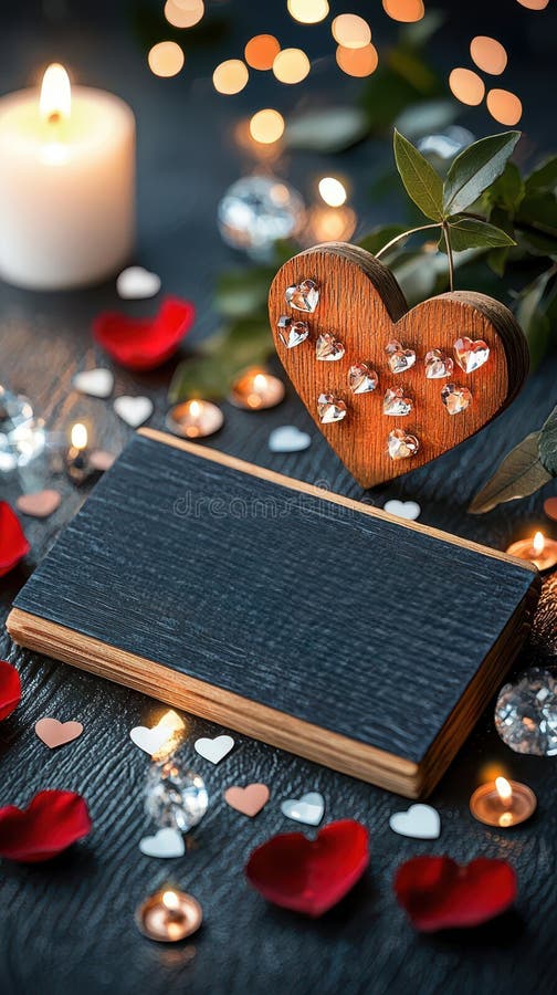 Romantic Setup with Hearts, Candlelight, and Empty Notebook for Love ...