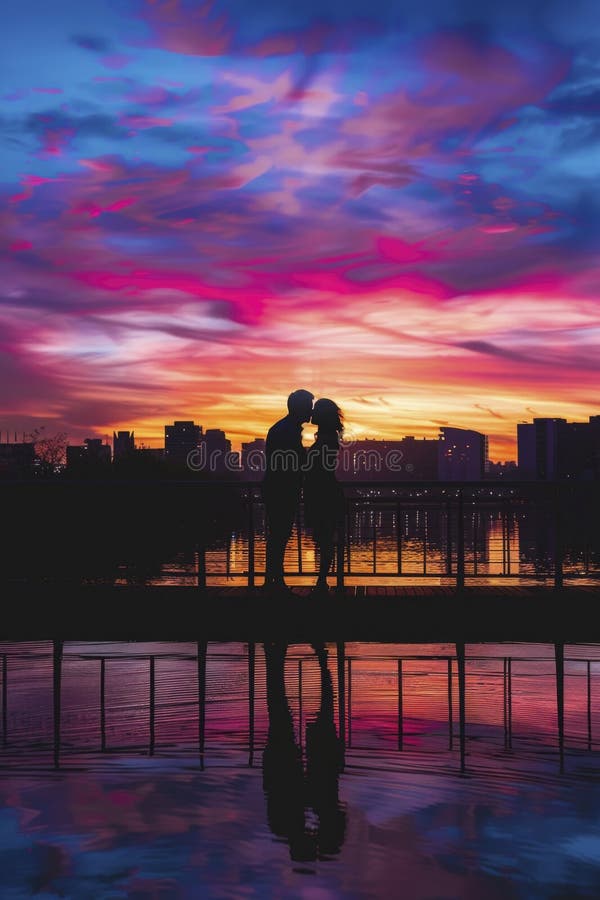 Romantic Silhouette Couple Kissing at Sunset by Waterfront Stock Photo ...
