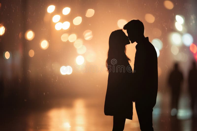 Romantic Silhouette of Couple Sharing Kiss Under Soft Glowing Lights ...