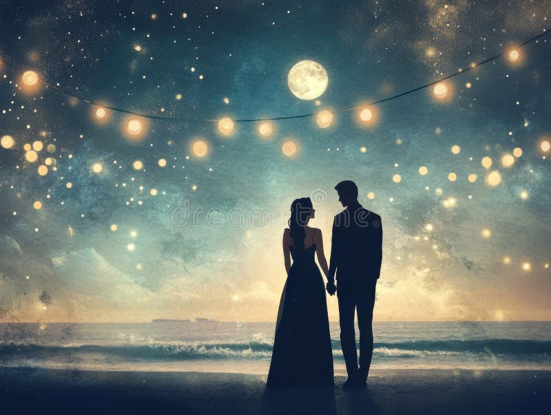 Romantic Silhouette Couple Under String Lights by the Ocean Stock ...