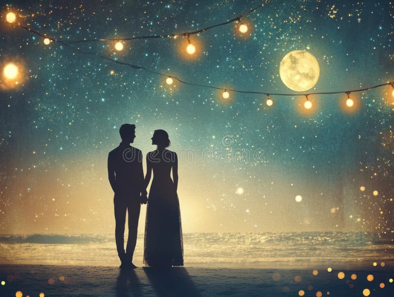 Romantic Silhouette Couple Under String Lights by the Ocean Stock ...