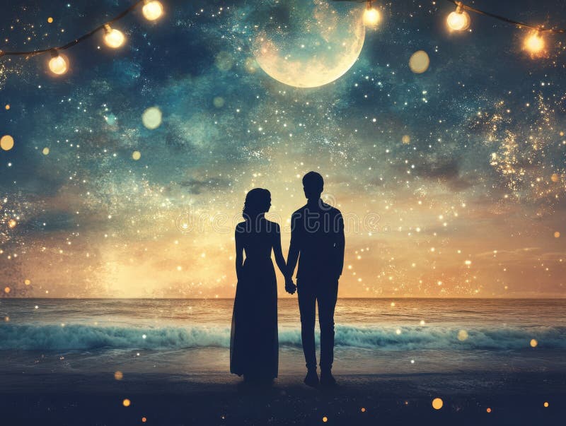 Romantic Silhouette Couple Under String Lights by the Ocean Stock ...