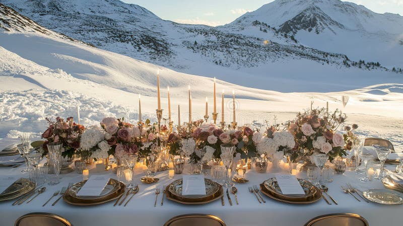 Romantic Snowy Mountain Wedding Table Setting Stock Illustration ...