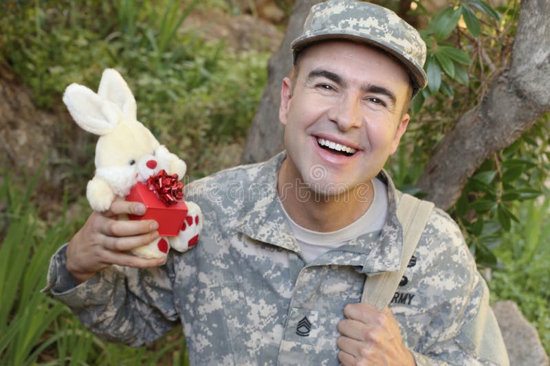 Romantic Soldier Returning Back Home with Cute Presents for a Loved One ...