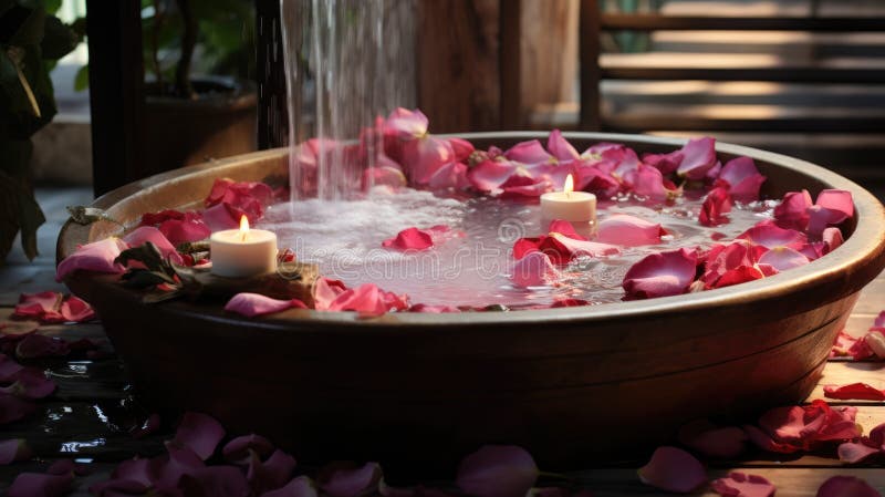Romantic Spa. Jacuzzi with Rose Petals and Candles Stock Photo - Image ...