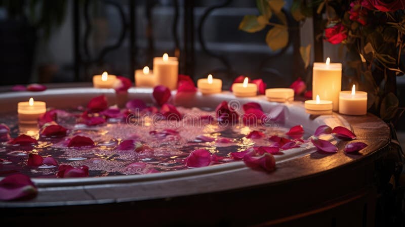 Romantic Spa. Jacuzzi with Rose Petals and Candles Stock Image - Image ...
