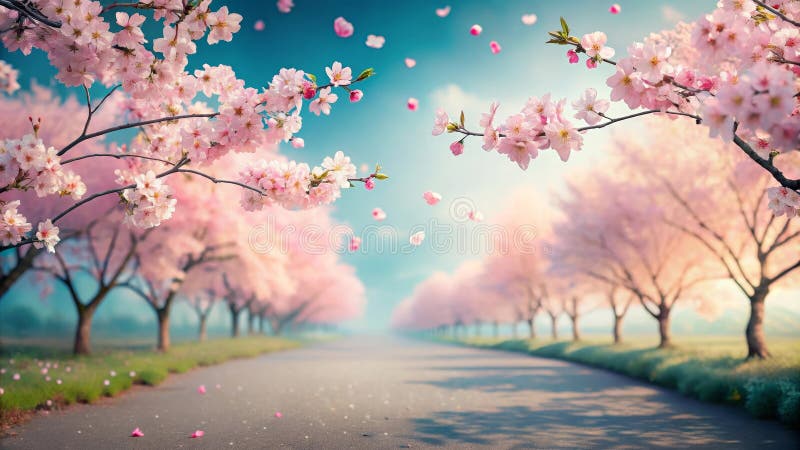 Romantic Spring Blossom Lane with Falling Petals and Soft Light ...