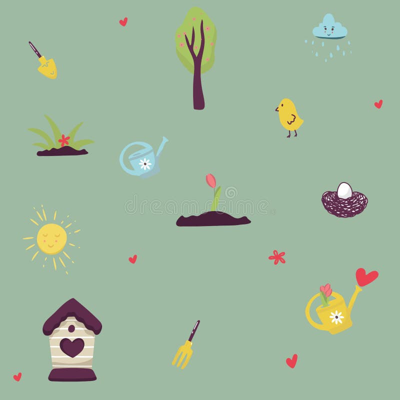 Romantic Spring Pattern with Birds, Flowers Sun. Seamless Pattern Can ...