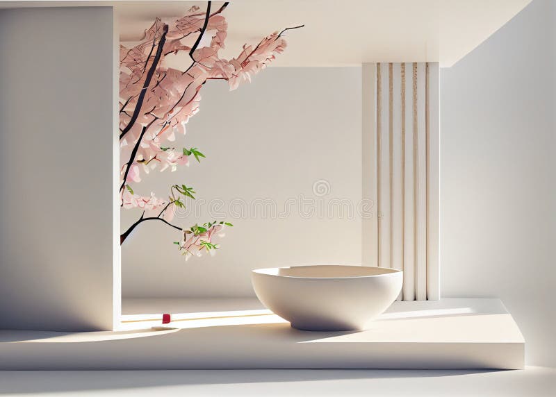 Romantic Spring Scene with Pink Podium , Branch Sakura Flowers in ...