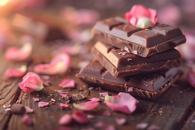 Romantic Stack of Chocolate Bars with Rose Petals on Wooden Surface ...