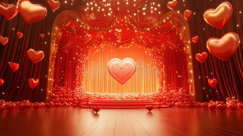 A Romantic Stage Setting with Many Red Hearts Stock Illustration ...
