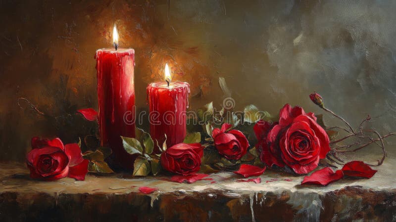 Romantic Still Life with Red Roses and Burning Candles Stock ...