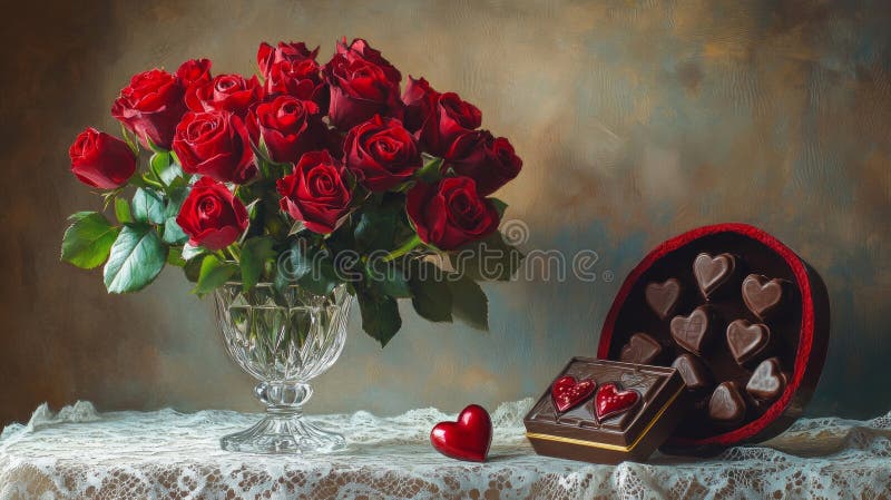 Romantic Still Life with Red Roses and Chocolate Hearts Stock ...