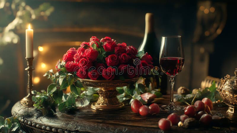 Romantic Still Life with Red Roses Wine and Candlelight in a Dark ...