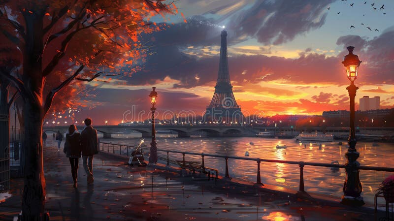 Romantic Street Scene in Paris at Sunset Stock Illustration ...