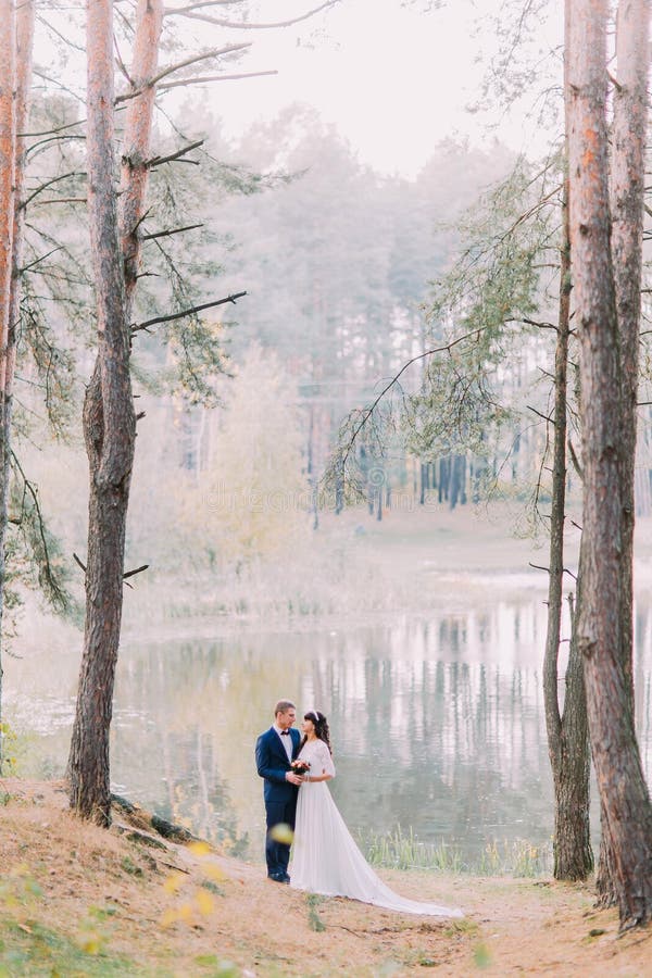 Romantic Stroll of Newlywed Couple on the Forest Lake Sandy Shore Stock ...