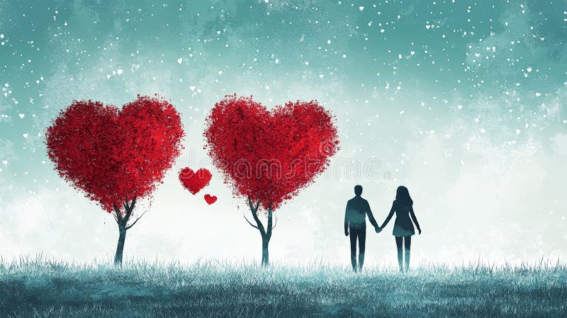 Romantic Stroll Under Heart-shaped Trees in Dreamy Landscape with ...