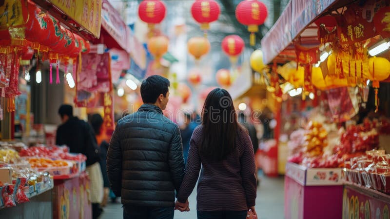Romantic Stroll through Vibrant Chinese Market Under Festive Lanterns ...