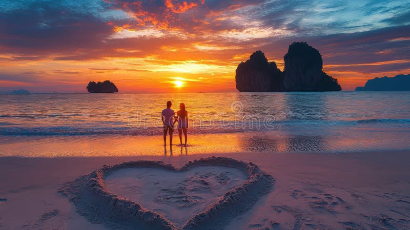 Romantic Sunset Beach Couple Stock Illustration - Illustration of ...