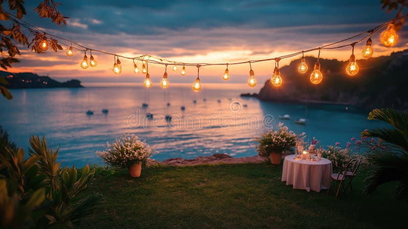 Romantic Sunset Beach Dinner with String Lights Overlooking Ocean Stock ...