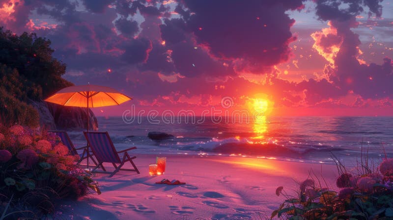 Romantic Sunset Beach Scene - Generative Ai Stock Illustration ...
