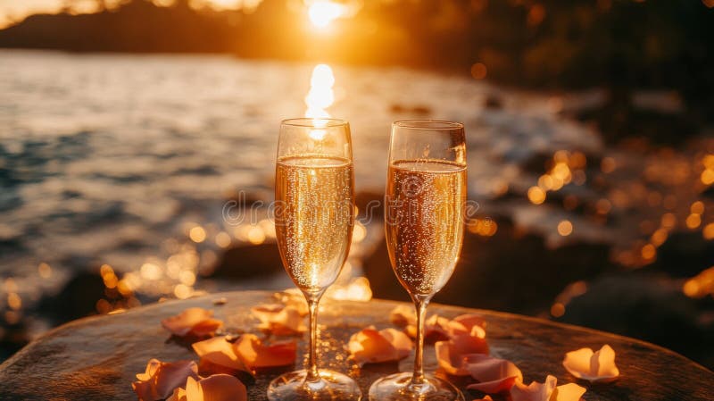 Romantic Sunset Champagne Toast by the Sea Stock Illustration ...
