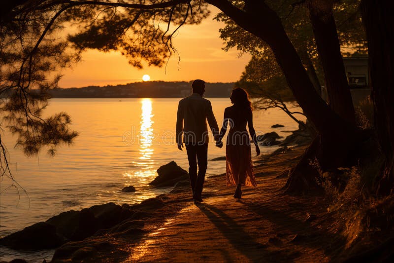 Romantic Sunset. Couples Silhouettes Embracing Love in Serene Beach ...