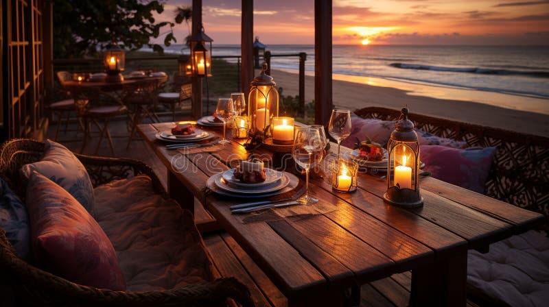 Romantic Sunset Dinner on the Beach. AI Generated. Stock Illustration ...