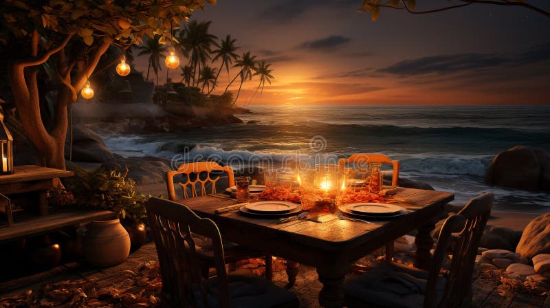 Romantic Sunset Dinner on the Beach. AI Generated Stock Illustration ...