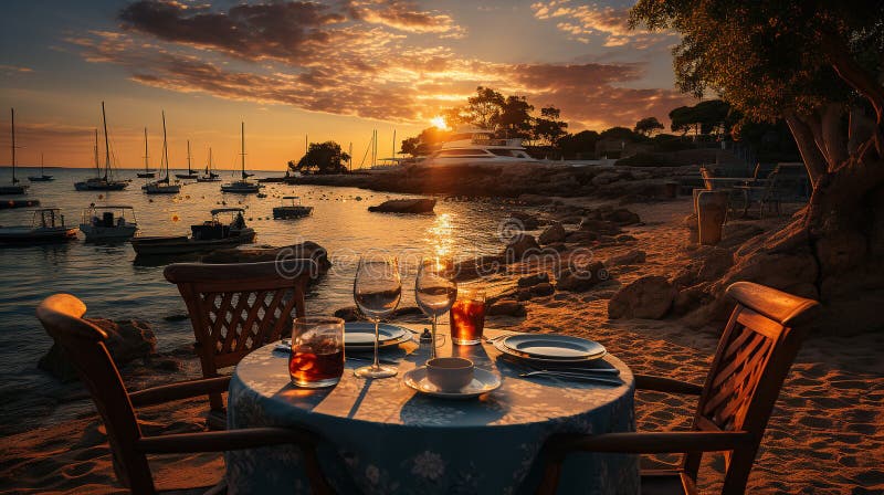 Romantic Sunset Dinner on the Beach. AI Generated Stock Illustration ...