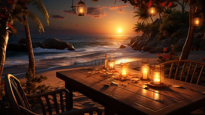 Romantic Sunset Dinner on the Beach. AI Generated Stock Illustration ...