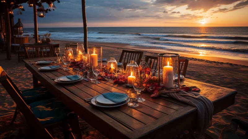 Romantic Sunset Dinner on the Beach. AI Generated Stock Illustration ...