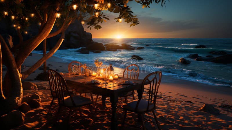 Romantic Sunset Dinner on the Beach. AI Generated Stock Illustration ...