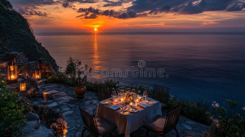Romantic Sunset Dinner on a Clifftop Overlooking the Ocean Stock ...