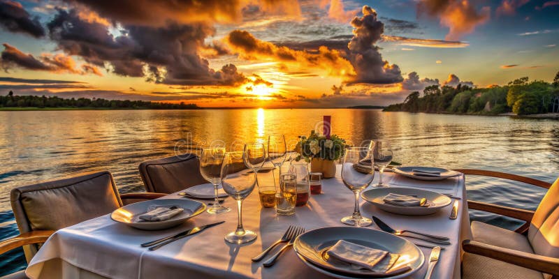 Romantic Sunset Dinner on the Lake, Table Setting, Wine Glasses, Golden ...
