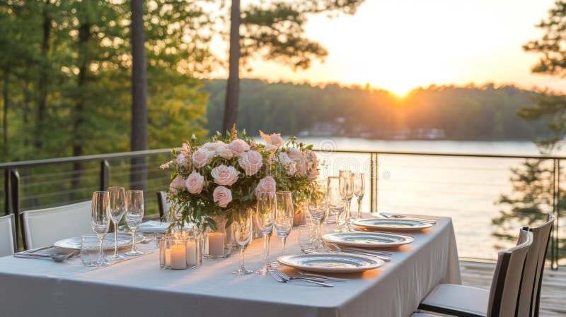 Romantic Sunset Dinner Lakeside Table Setting Roses Stock Illustration ...