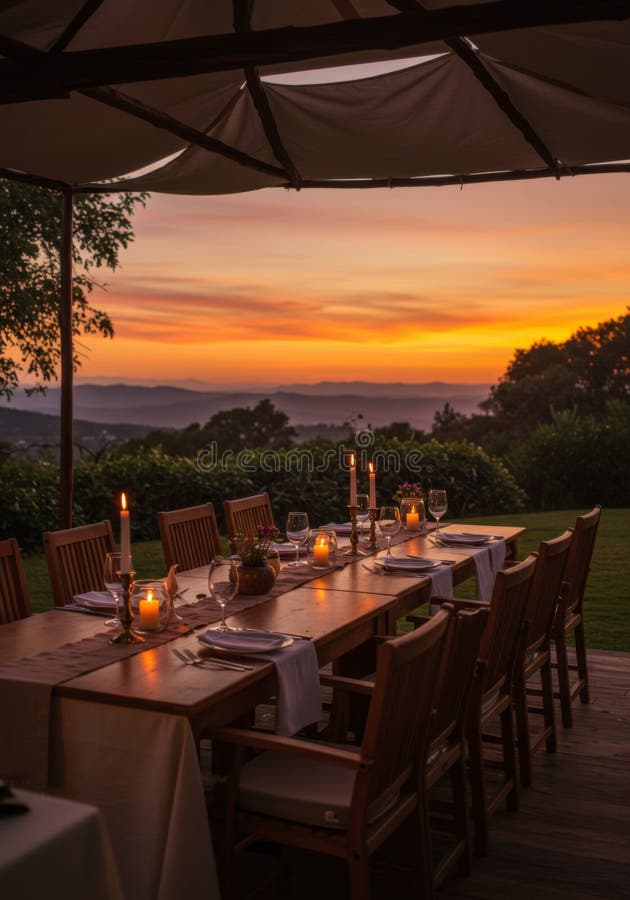 Romantic Sunset Dinner at an Outdoor Table Stock Illustration ...