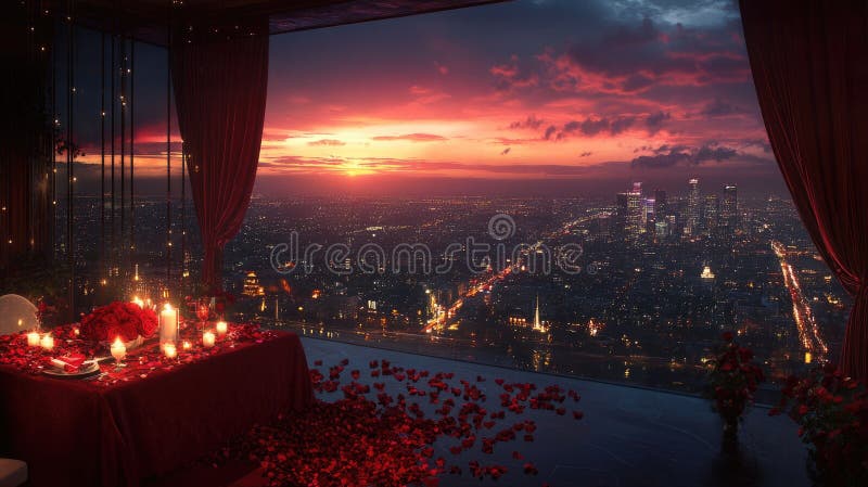 Romantic Sunset Dinner Overlooking City Skyline from Luxurious Rooftop ...