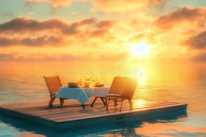 Romantic Sunset Dinner on a Private Deck Over Calm Ocean Waters Stock ...
