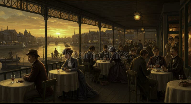 Romantic Sunset Dinner at Riverfront Cafe Stock Illustration ...
