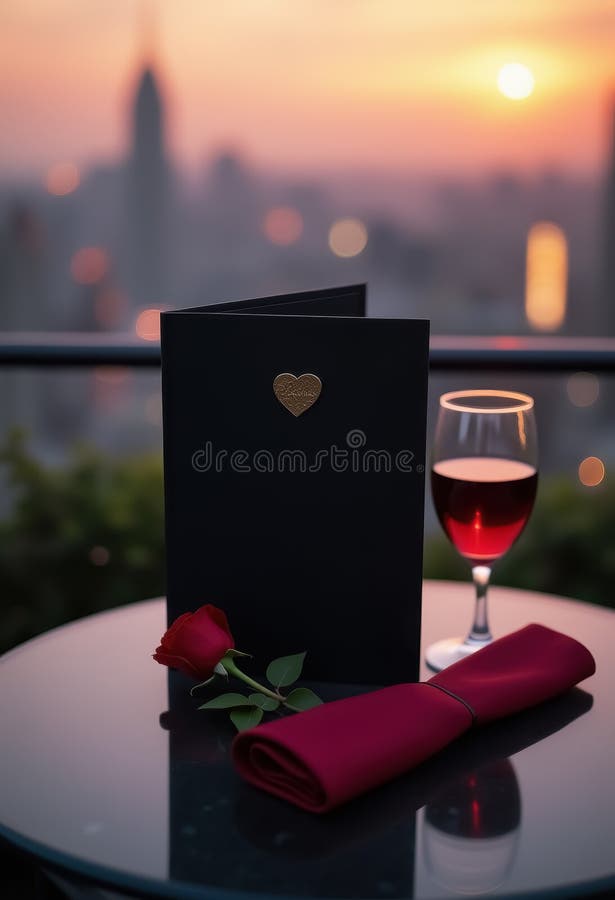 Romantic Sunset Dinner Scene with Wine Glass and Rose on Balcony Table ...