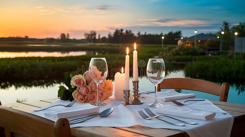 Romantic Sunset Dinner Setting with Candlelight by the Lake Stock ...