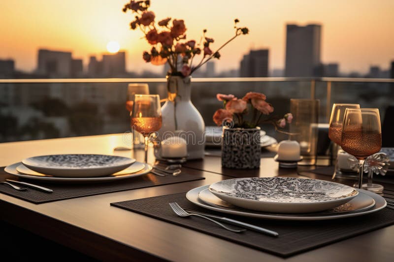 Romantic Sunset Dinner Setting with Cityscape View Stock Image - Image ...