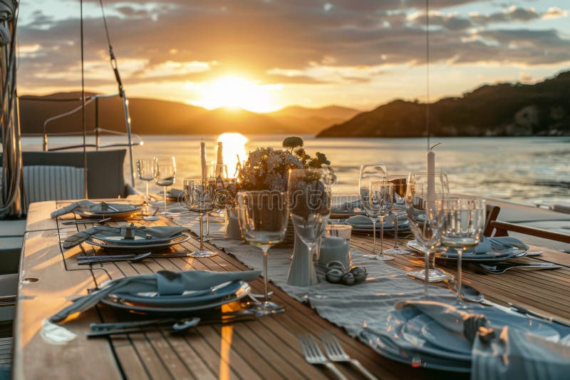 Romantic Sunset Dinner Setup by the Ocean with Elegant Tableware and ...