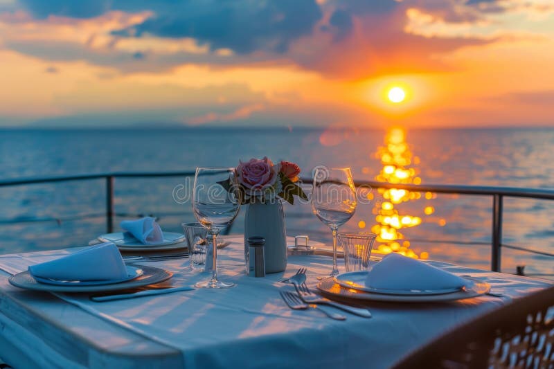 Romantic Sunset Dinner Setup by the Ocean with Elegant Tableware and ...