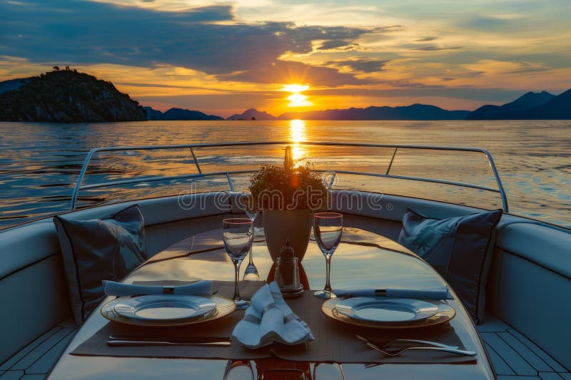Romantic Sunset Dinner Setup by the Ocean with Elegant Tableware and ...