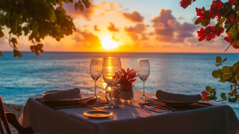 Romantic Sunset Dinner Table with Ocean View Stock Illustration ...