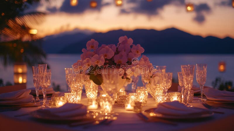 Romantic Sunset Dinner Table Setting with Orchids Stock Illustration ...