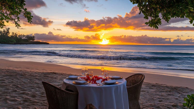 Romantic Sunset Dinner on a Tropical Beach Stock Illustration ...
